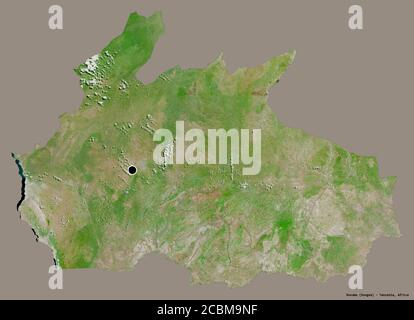 Ruvuma, region of Tanzania. Solid color shape. Locations of major ...