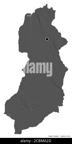 Singida, region of Tanzania. Bilevel elevation map with lakes and ...