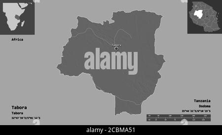 Tabora, region of Tanzania. Bilevel elevation map with lakes and rivers ...