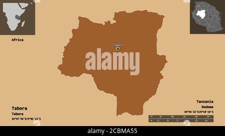 Shape of Tabora, region of Tanzania, with its capital isolated on white ...