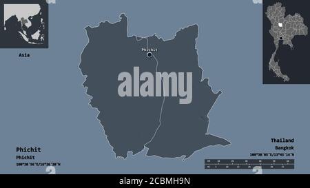 Shape of Phichit, province of Thailand, with its capital isolated on a ...