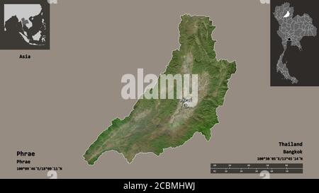 Shape of Phrae, province of Thailand, and its capital. Distance scale ...
