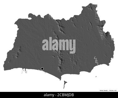 Rayong, province of Thailand. Bilevel elevation map with lakes and ...