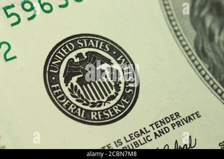 Federal Reserve System logo close-up. US Federal Reserve emblem on ...
