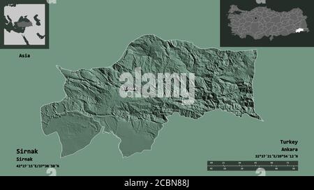 Shape of Sirnak, province of Turkey, with its capital isolated on white ...