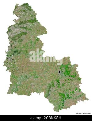 Shape of Sumy, region of Ukraine, with its capital isolated on a solid ...