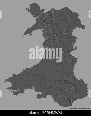 Wales, region of United Kingdom. Bilevel elevation map with lakes and ...