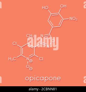 Opicapone Parkinson's disease drug molecule. 3D rendering. Atoms are ...