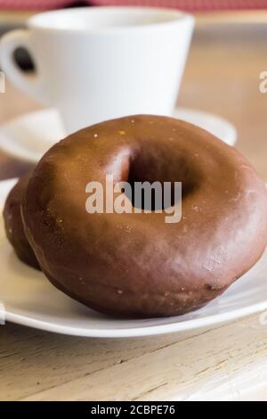 Two Chocolate Donuts and Mug of Hot Chocolate with Marshmallow on ...