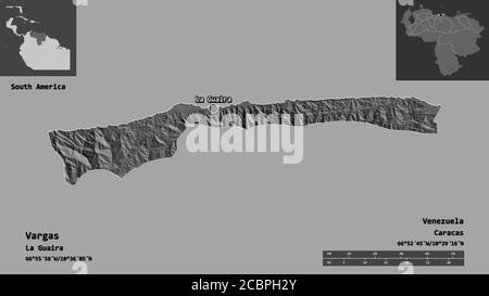 Vargas, state of Venezuela. Bilevel elevation map with lakes and rivers ...