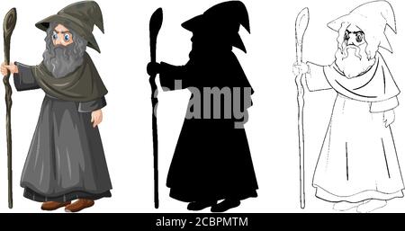 Wizard in color and outline and silhouette cartoon character isolated ...