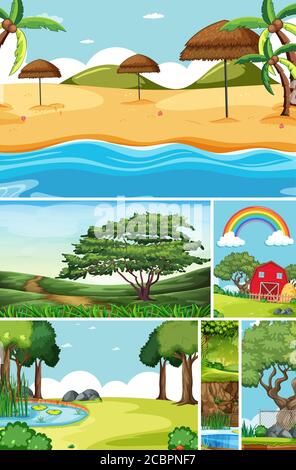 Six different scenes in nature setting cartoon style illustration Stock ...