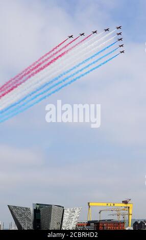 The Red Arrows fly over the Titanic slipway, the Titanic Museum and the ...