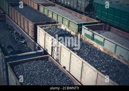 Railway cargo cars loaded with coal. Freight train transporting coal ...