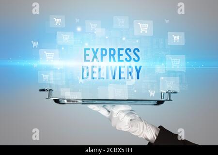 Waiter serving EXPRESS DELIVERY inscription, online shopping concept ...