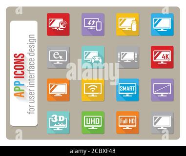 Smart TV icon set. Diagonal screen size in 32, 40, 50 and 70 inches ...