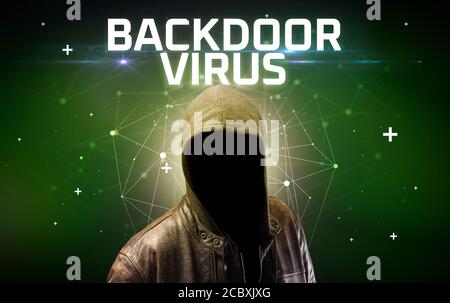 Mysterious hacker with BACKDOOR VIRUS inscription, online attack concept inscription, online ...