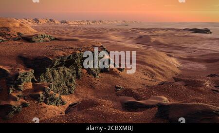 Martian landscape with ancient river bed, river mouth into Jezero ...