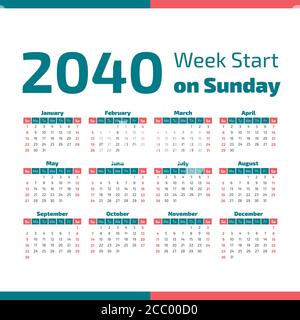 2040 Calendar template with weeks start on Monday Stock Vector Image ...