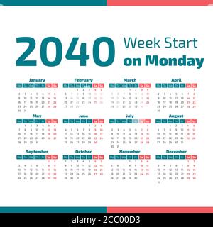 2040 Calendar template with weeks start on Monday Stock Vector Image ...