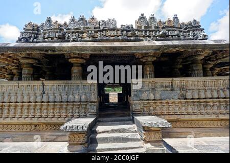 Parapet wall reliefs of Nagareshvara temple at Bankapura Stock Photo ...
