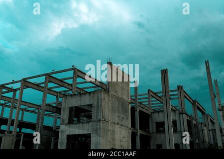 Storks on unfinished concrete building in dusk, toned image Stock Photo ...
