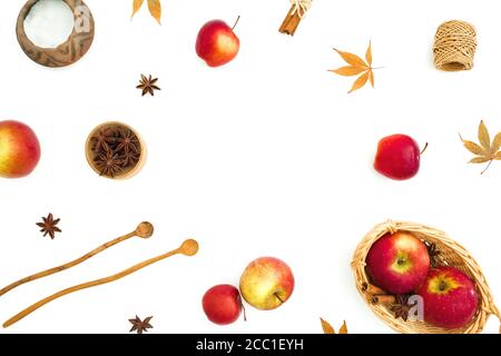 Autumnal composition of apple, sugar, cinnamon and acorns on white ...