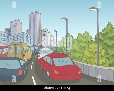 Traffic jam street road graphic black white city landscape sketch ...