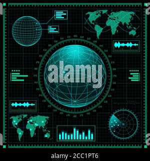 Green futuristic HUD, UI elements. Sci-fi user interface text boxes, callouts. Warning message ...