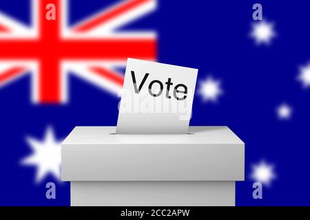 Australian election concept, ballot box with voting booths on map of ...