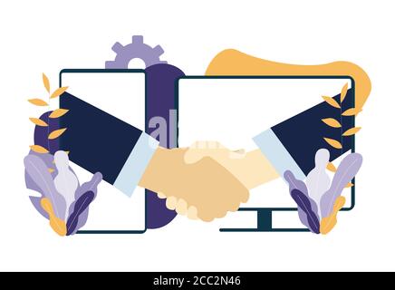 2 people hands shaking through computer monitor, handshake, hand shake ...