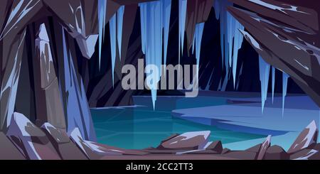 Ice cave with snow and stalactites, mountain cavern cartoon background ...