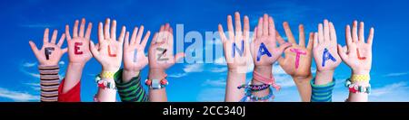 Children Hands Feliz Natal Means Merry Christmas, Red Christmas ...