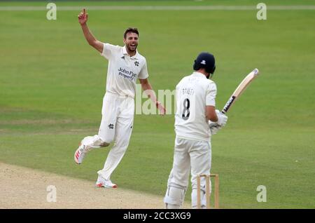 Nottinghamshire's Tom Barber celebrates the wicket of Lancashire's Tom ...