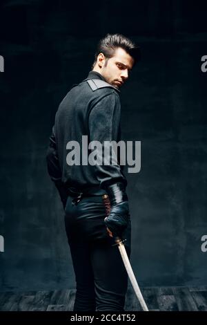 Wakizashi Sword on black background. Close up Stock Photo - Alamy