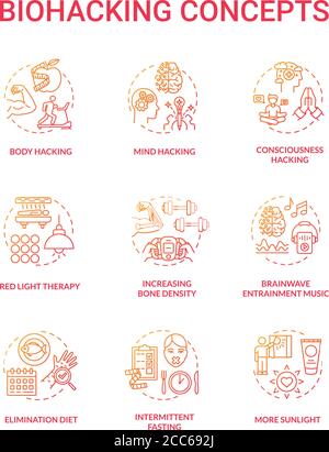 Biohacking concept icons set. DIY biology, health improvement idea thin ...