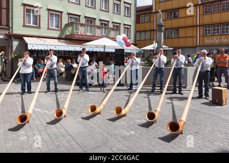 Alpine horn Alphorn music cor des alpes sound Switzerland Europe Valais ...