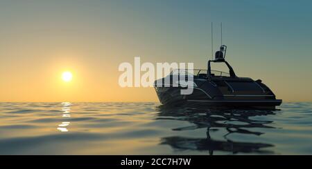 Luxury fast boat with sunset realistic 3d render Stock Photo - Alamy