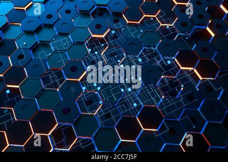 Glowing hexagonal cubes background, hi-tech cyberspace, 3d rendering ...