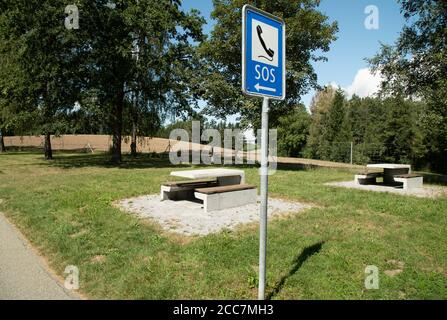 SOS sign for telephone and emergency parking on the M6 motorway in the ...