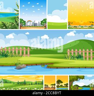 Set of different horizon scenes background with doodle kids cartoon ...