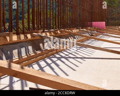 Metal reinforcement framework and formwork of retaining wall Stock ...