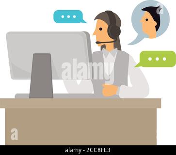 Female telemarketer or sales agent at workplace with headset at call ...