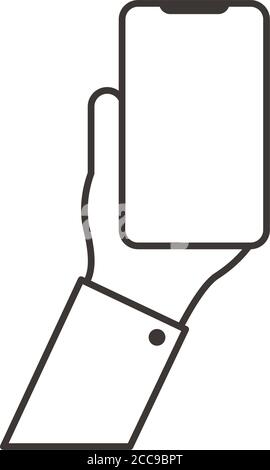 hand lifting smartphone vertically line style icon vector illustration ...