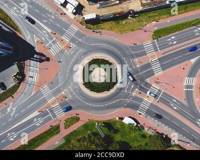 Aerial view of traffic on roundabout A13 and A406 near Barking in Essex ...