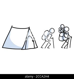 Hand drawn stickman camping tent and campfire concept. Simple outdoor ...