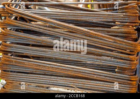 Pile of reinforcing steel rectangular links. Ligatures for reinforcing ...