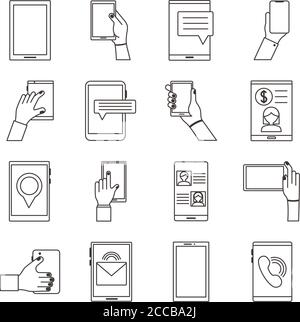 Hands of users with mobile phones set. Vector illustrations of people ...