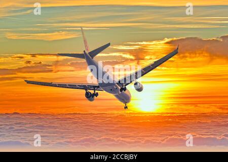 Airplane landing at sunset sky. Sunset is always the magic of ...