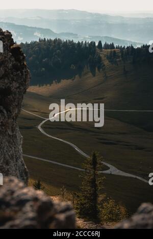 Winter car trip in Jura, France. Beautiful snowy landscape. Christmas ...